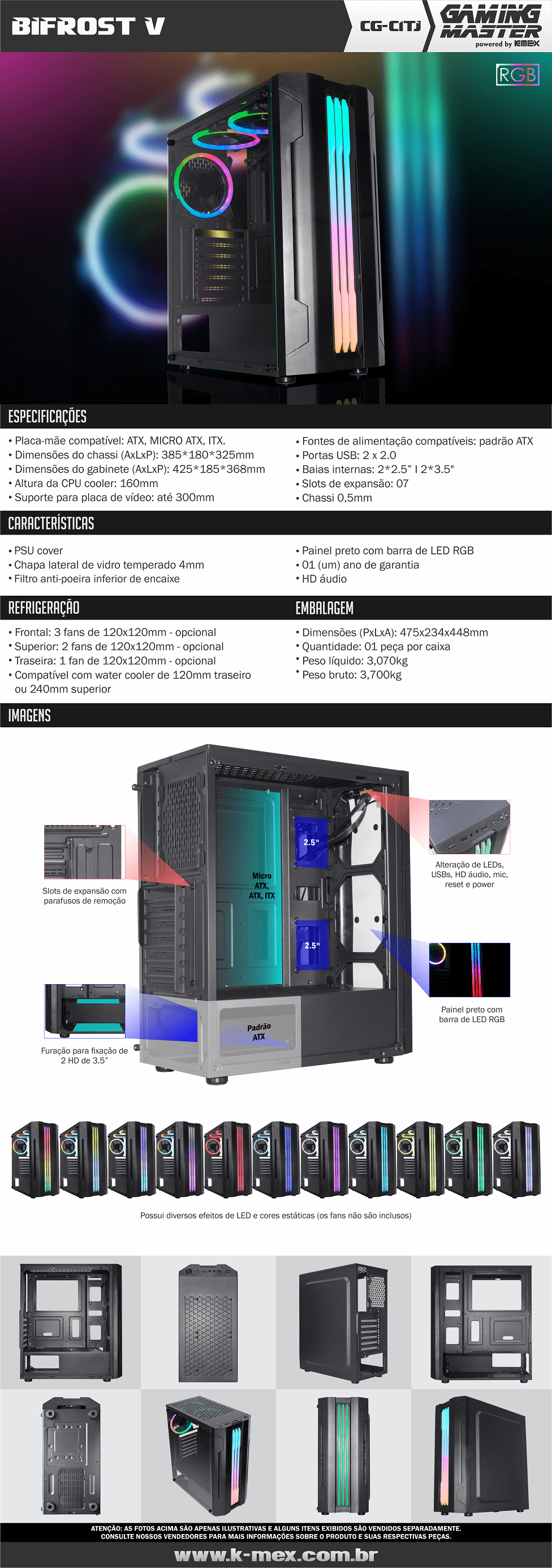 Gabinete K-Mex Bifrost V Gamer CG-C1TJ RGB, Lateral em Vidro Temperado ...