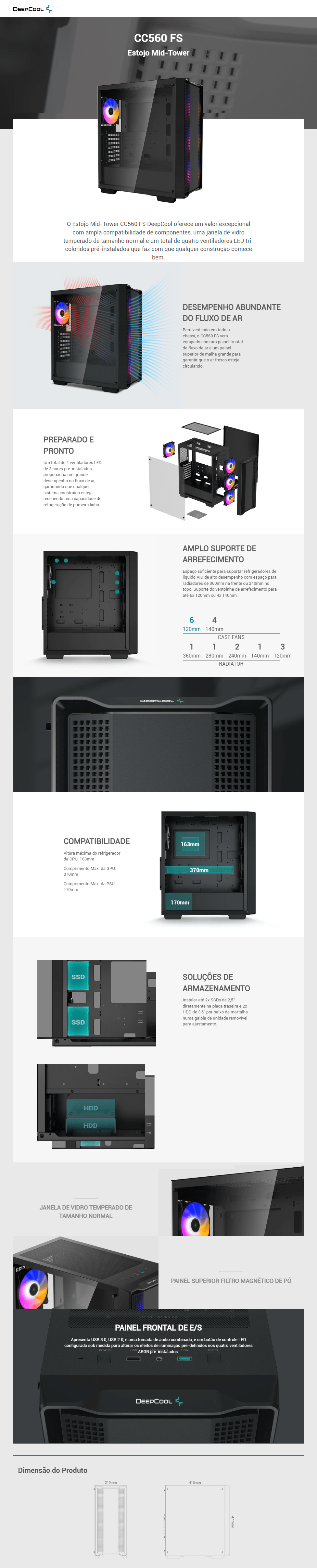 Gabinete Deepcool CC560 FS, Lateral em Vidro Temperado, 4 Fans 120mm ...