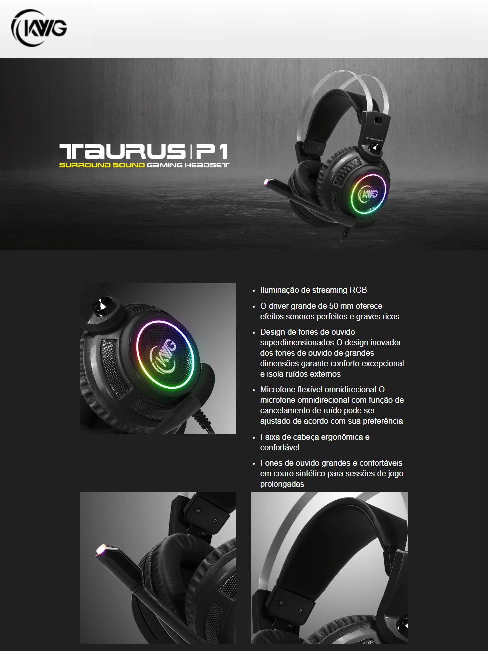 Headset Gamer KWG Taurus P1 RGB, Drivers de 50mm, USB Preto — HARDSTORE ...