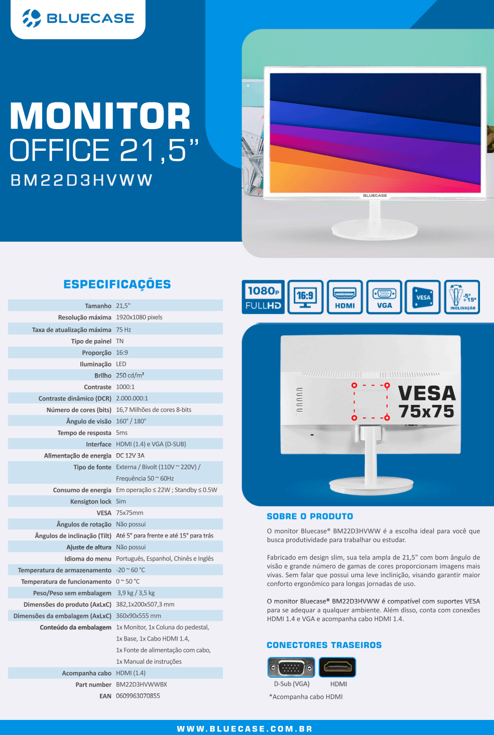 Monitor Bluecase 21,5" LED Full HD Wide (1920x1080 / 75Hz) - BM22D3HVWW ...