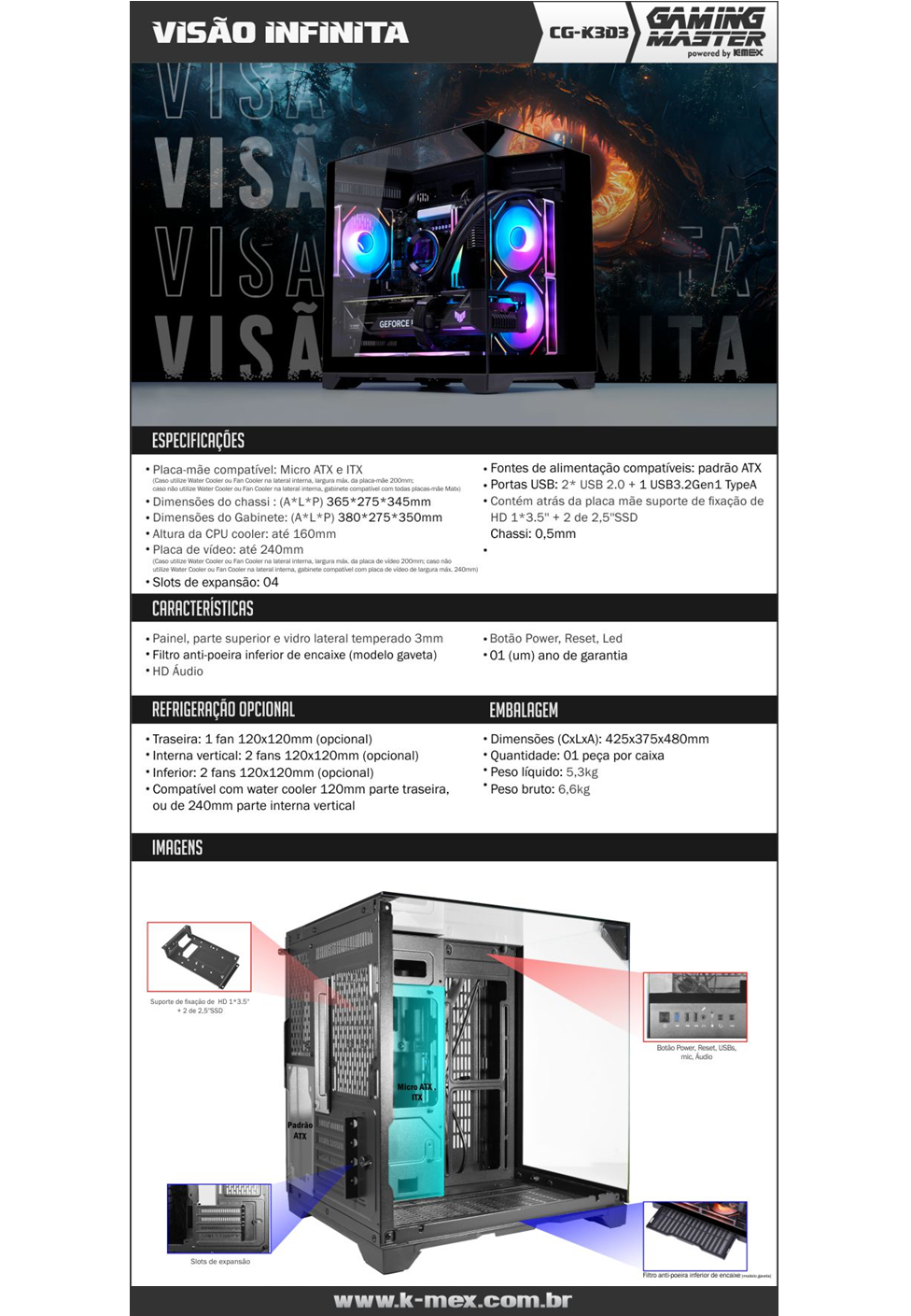 Gabinete K-Mex Aquário Visão Infinita Gamer CG-K3D3, Lateral e Frontal em Vidro Temperado, Mid ...